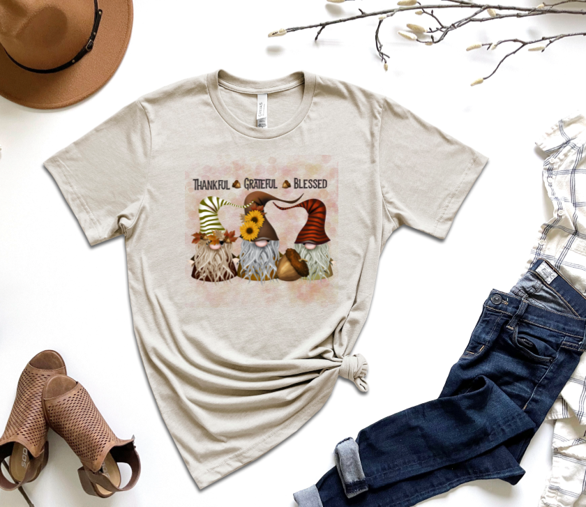Thankful Grateful Blessed Gnomes Transfer – Sparkle City Apparel Design
